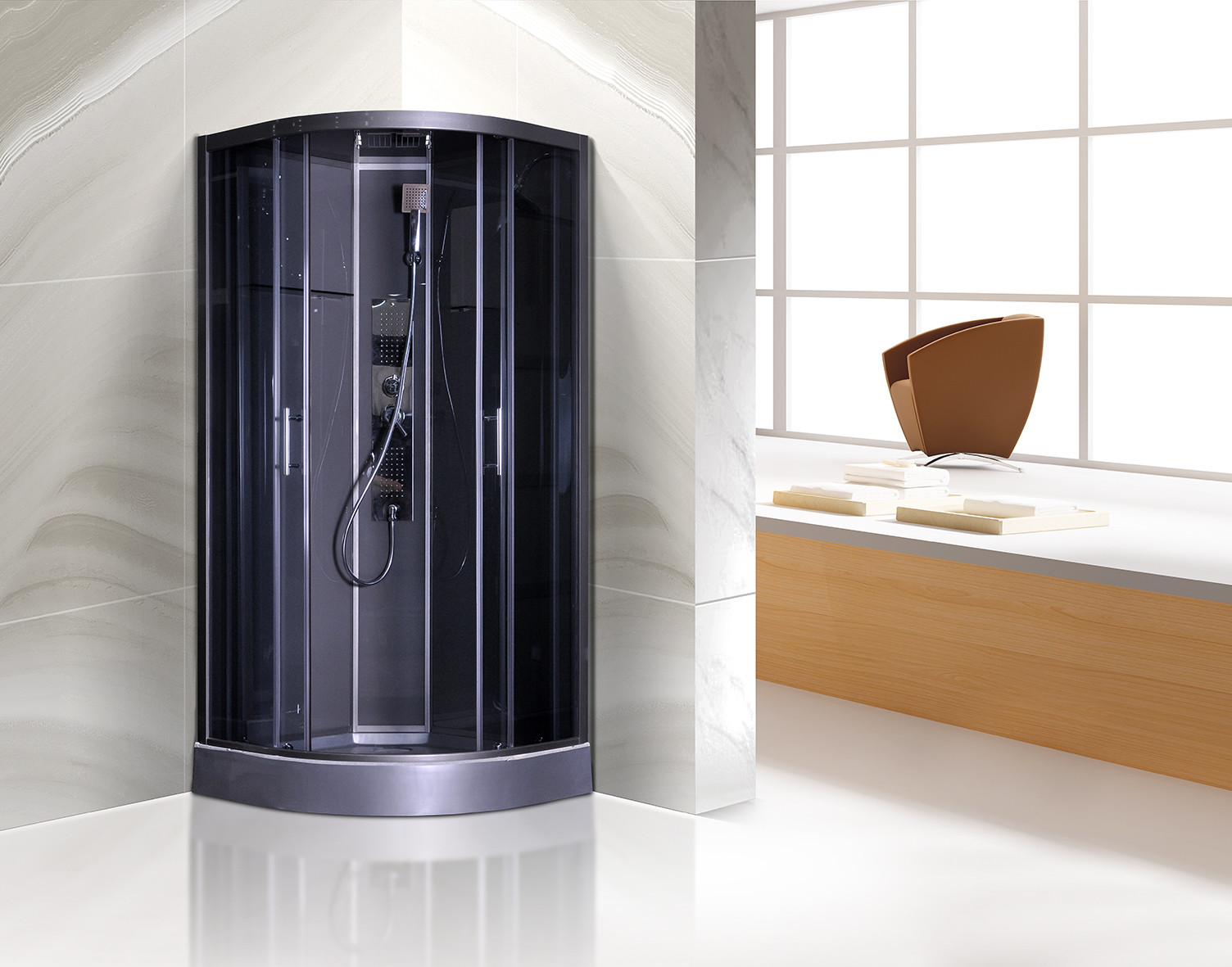 Dark Grey Profiles Quadrant Shower Cubicles , Curved Corner Shower Units