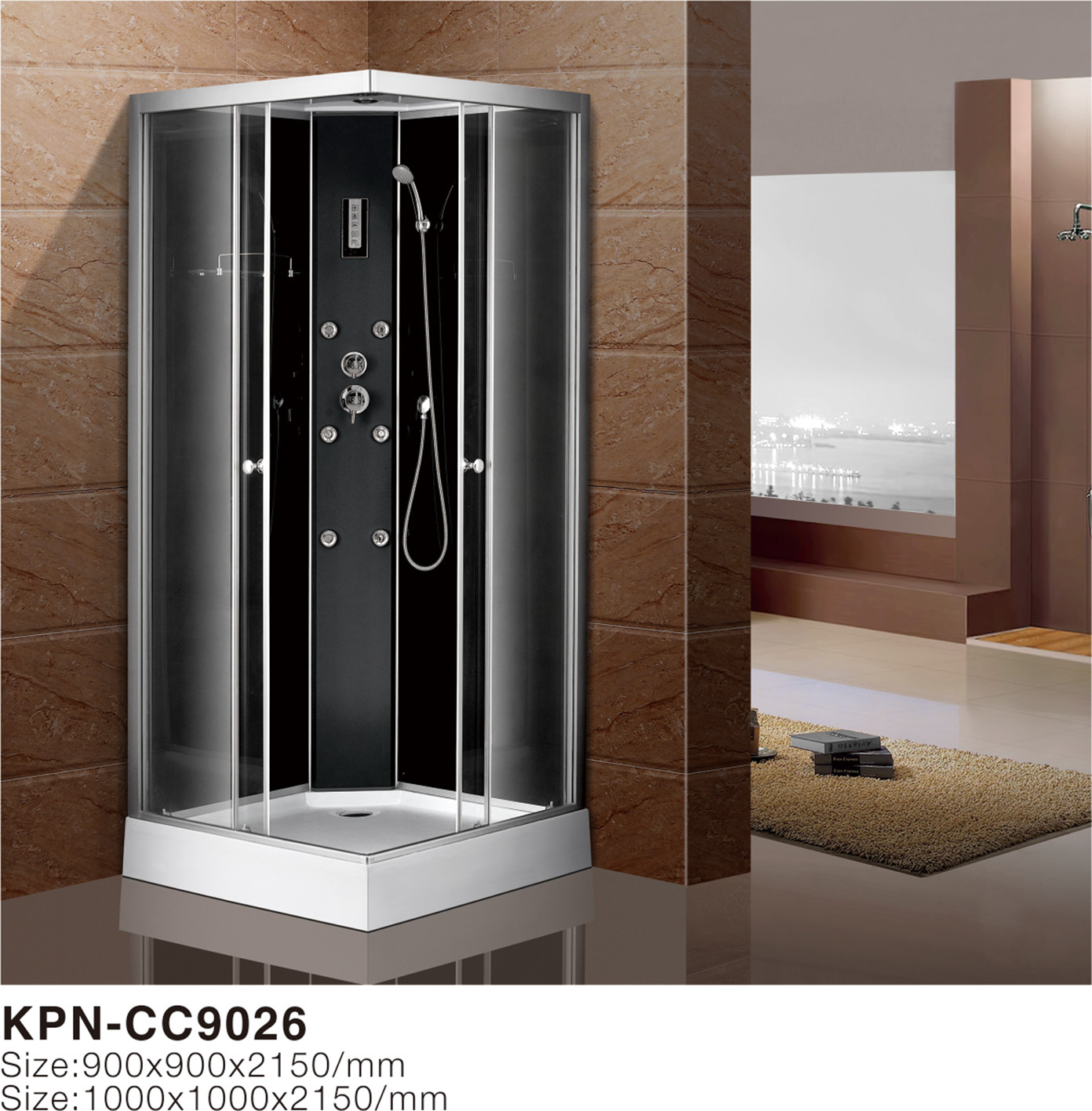 Shower Cabin with White acrylic tray 900x900x2150mm silive aluminium